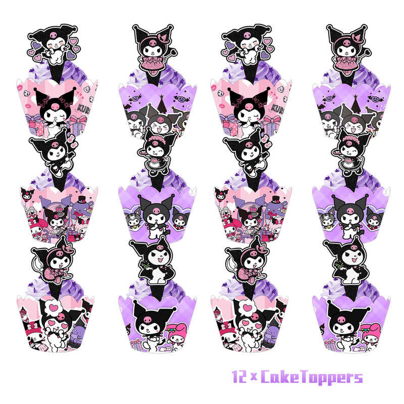 ♠ 3-Layer Kuromi Rack Decor Set Cake Toppers Wrappers Cupcake Stand ...