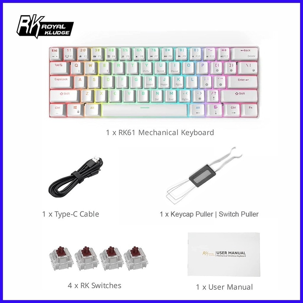 RK Royal Kludge RK61 60% Dual-Mode Hot- Swappable Wireless Mechanical ...