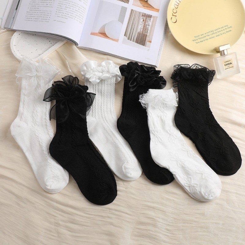 Women's Lolita Socks Black White Lace Bow Cute Japanese JK Lace ...