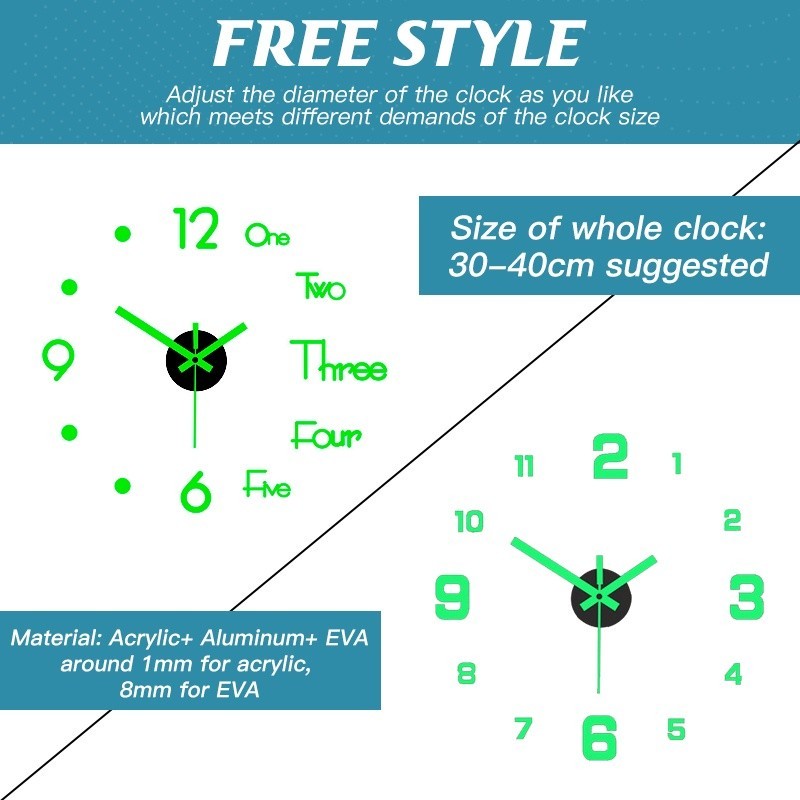 3D Luminous Wall Clock Glow in the Dark DIY clock Home Living Decor ...