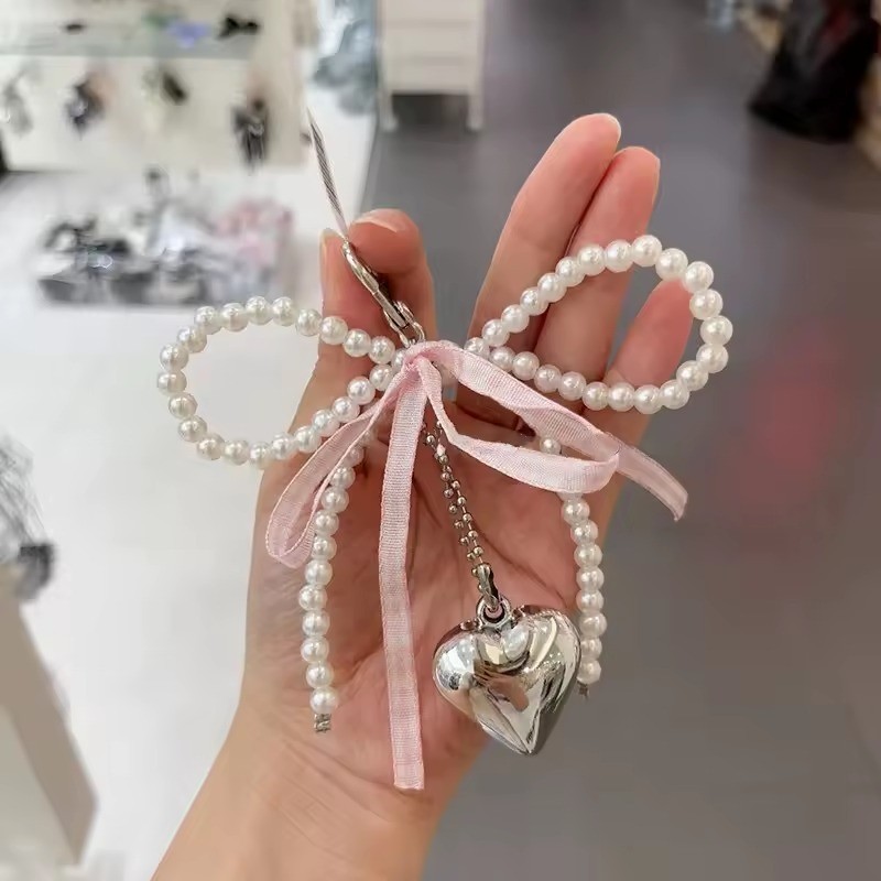 Y2K Sweet Lattice Ribbon Bowknot Pearls Bag Pendant Keychain Charm ...
