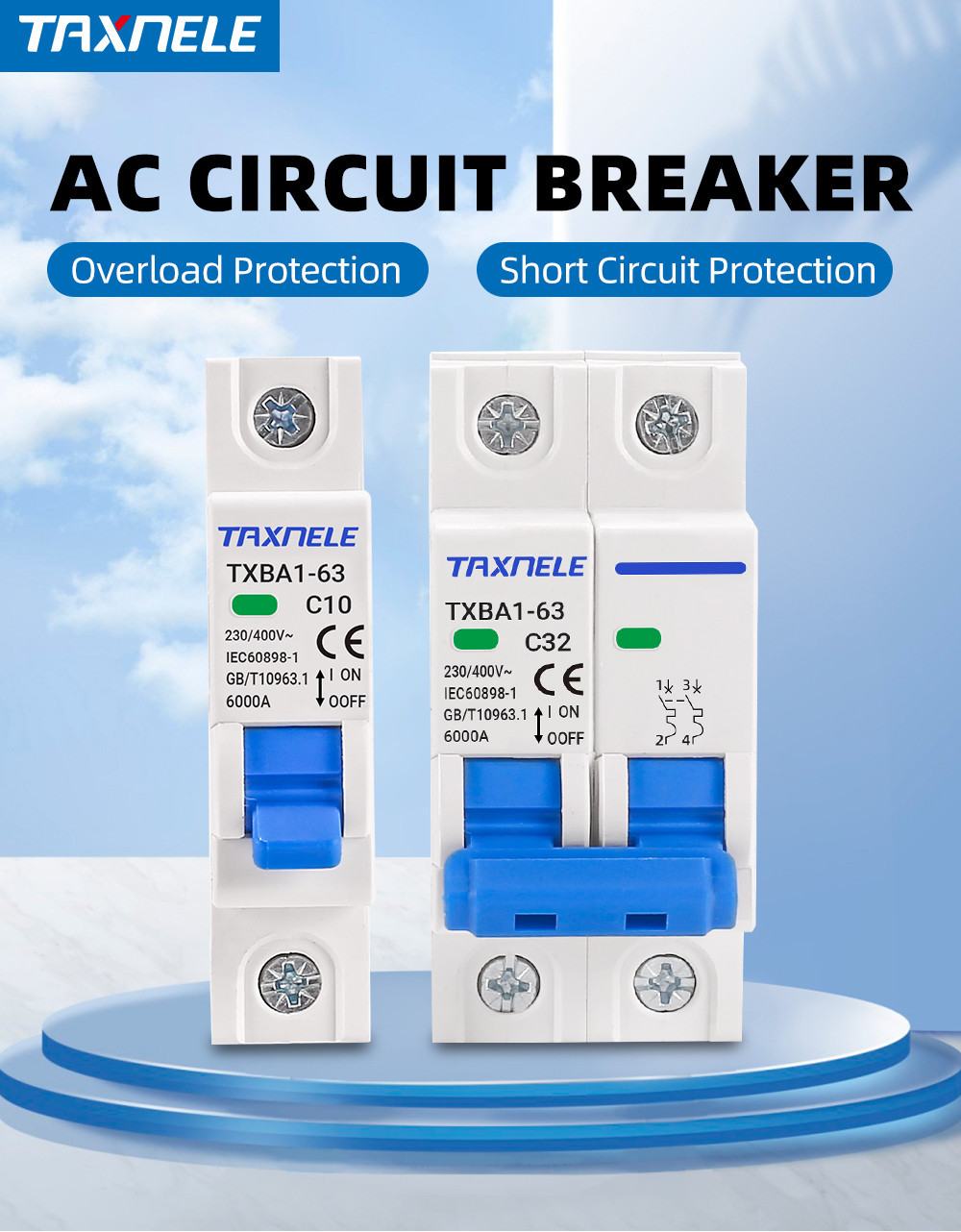 AC MCB 1P 2P 230V 400V 6KA Mini Circuit breaker Air Switch 32A 63A Overload Short Circuit ...