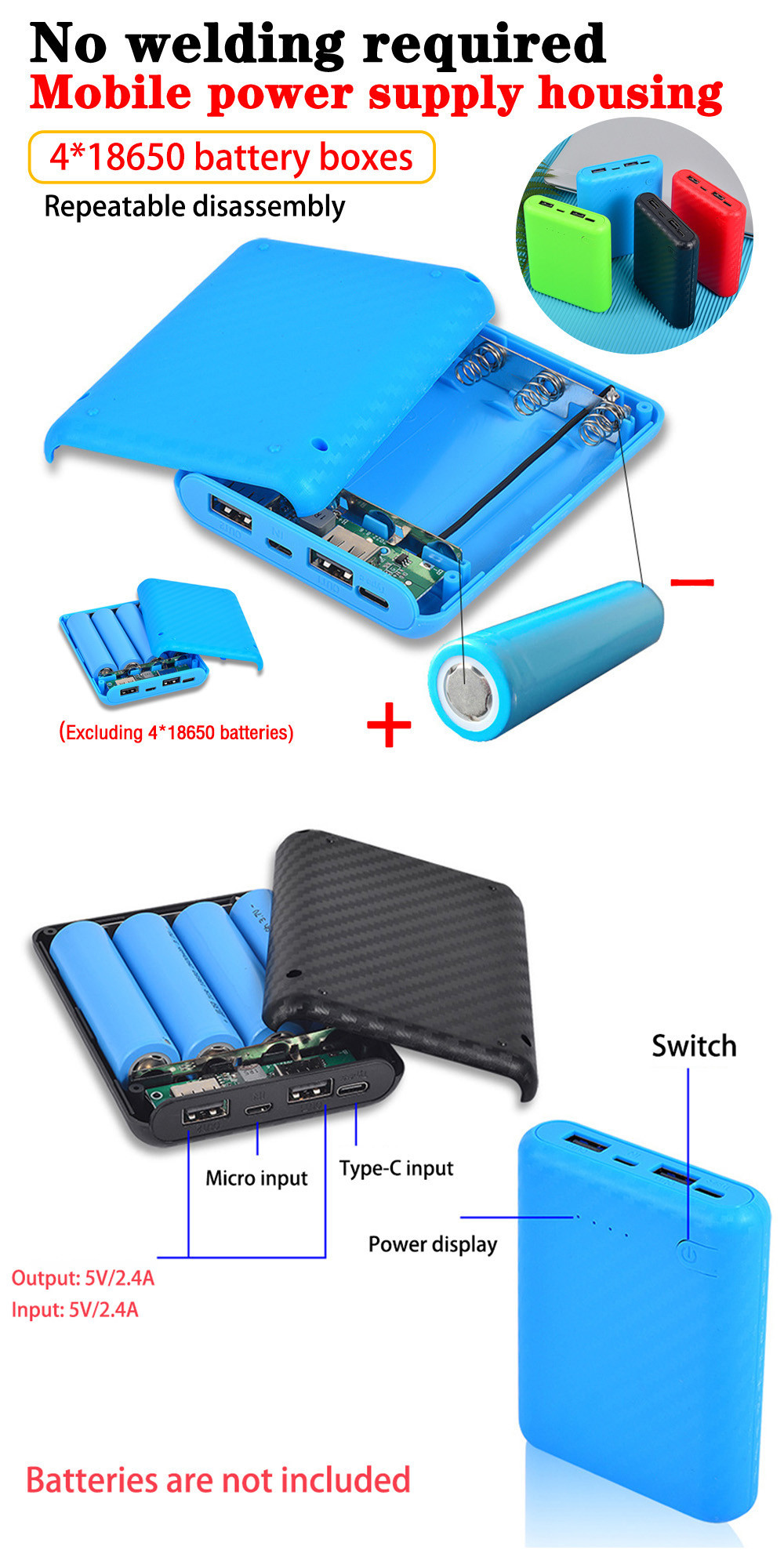 18650 Battery Charger Box Portable Power Bank Kit DIY DIY Fast Charging ...