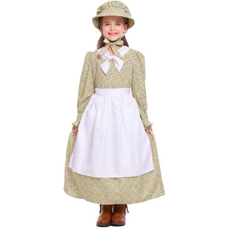 Tt Pioneer Girl Costume Colonial Prairie Dress Kids Halloween Pilgrim ...