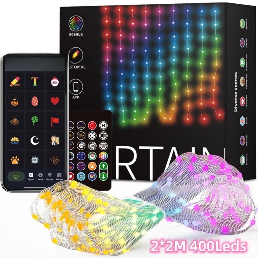 2x2meters 400Leds Smart LED Curtain Light APP Control RGB Dimmable DIY ...