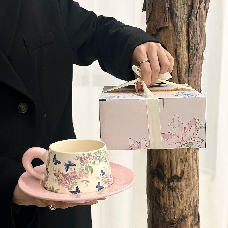 Retro Ceramic Cup Saucer Purple Flower Oil Painting General Coffee Cup ...