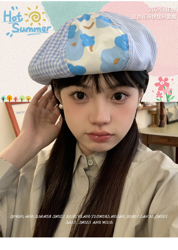 Japanese Blue Plaid Stitching Beret Women Spring Summer Big Head ...