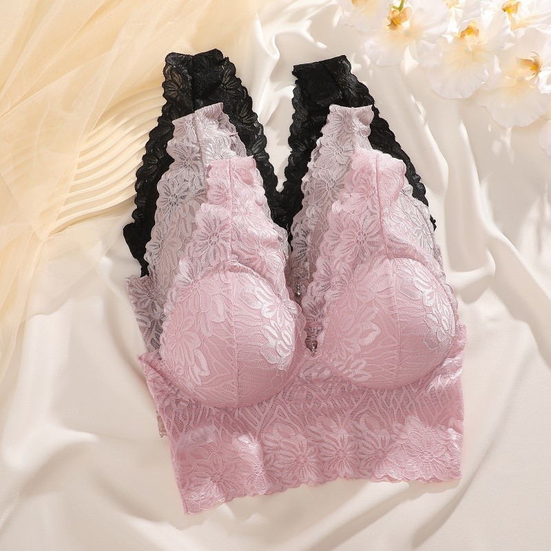 FINETOO Lace Bra With Wide Straps Gathered Underwear For Woman Solid ...