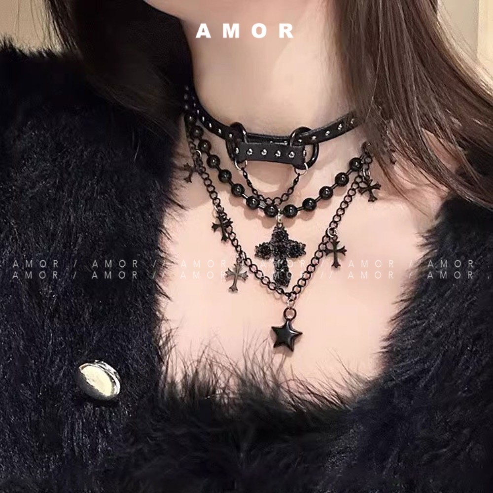 Dark Thorn Beaded Cross Star Multi layered Necklace Spicy Girl Collar ...