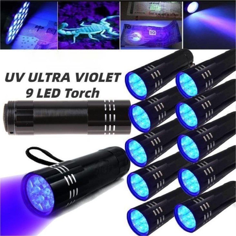 Ultraviolet 9 LED Flashlight Purple Light Torch Lamp - Battery Portable Waterproof Small UV ...