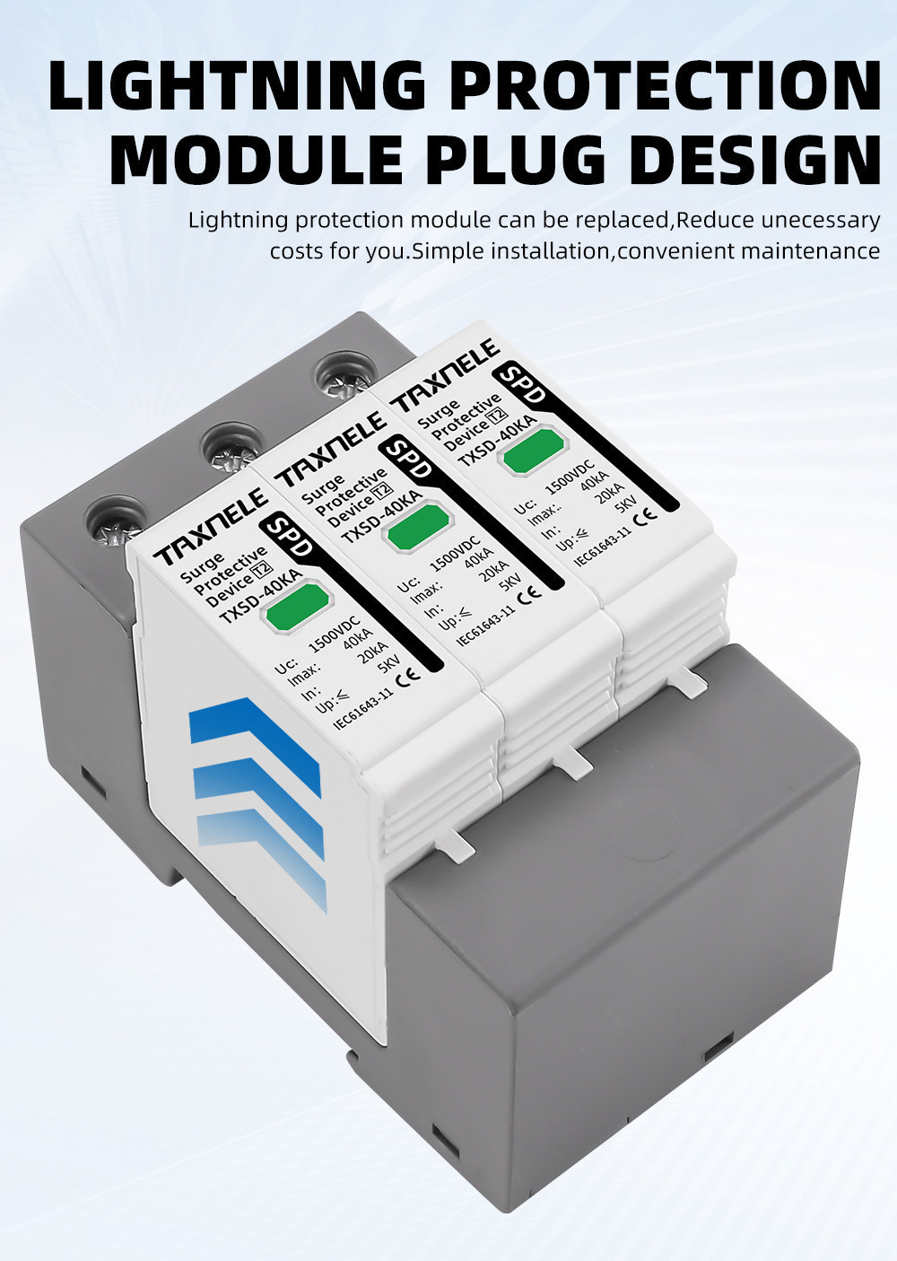 DC SPD Surge Protector PV Photovoltaic 3P 1000V 1500V 40KA Surge ...