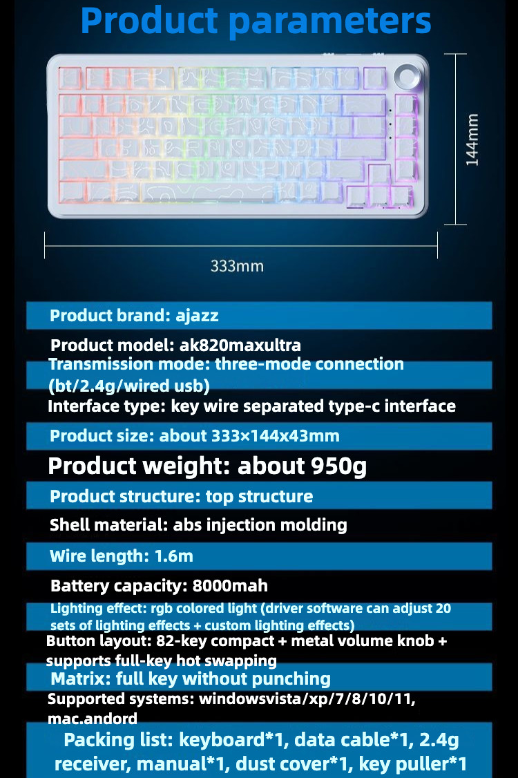 AJAZZ AK820MAX ULTRA Magnetic Switch Mechanical Keyboard Three-mode Wireless Rapid Trigger 8Khz ...