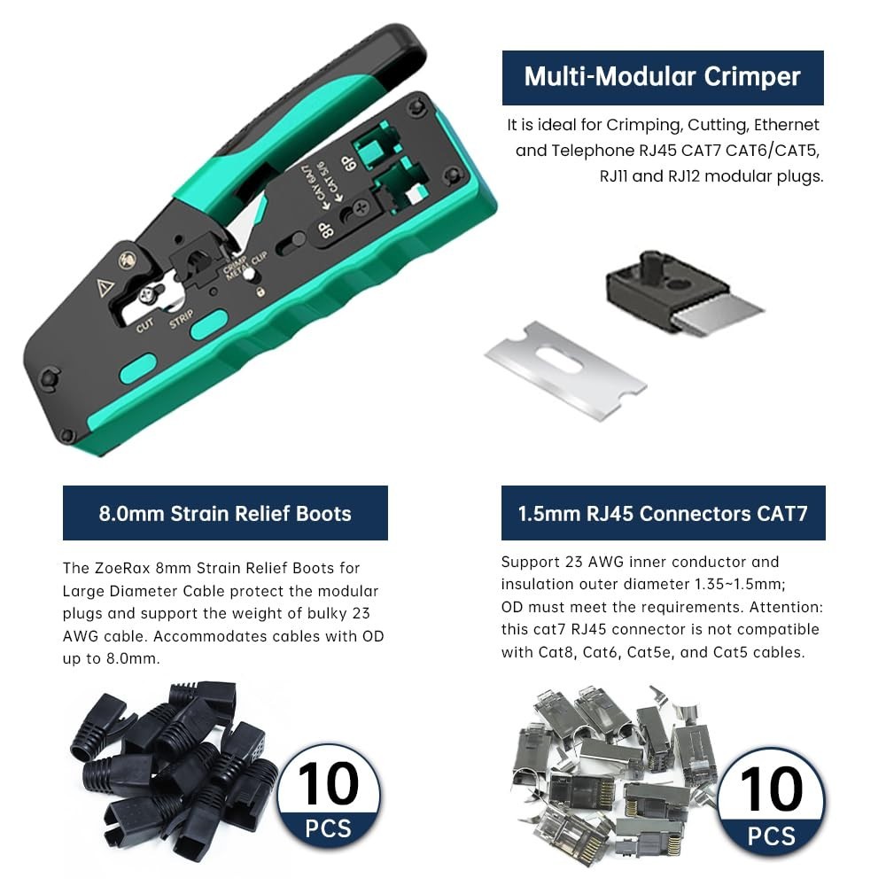 ZoeRax Pass Through RJ45 Crimp Tool with 10PCS Cat7 Connectors and ...