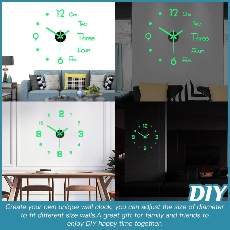 3D Luminous Wall Clock Glow in the Dark DIY clock Home Living Decor ...
