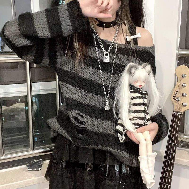 Karrcat Punk Gothic Long Sweater Women Dark Aesthetic Striped Pullovers Hollow Out Oversized ...