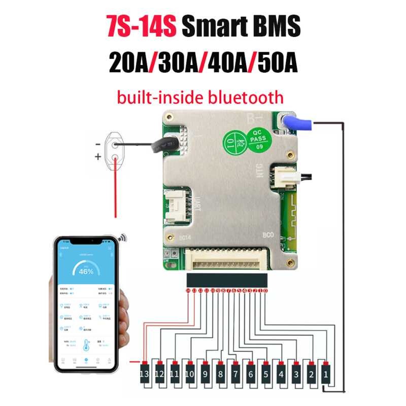 Smart JBD BMS 24V 36V 48V 20A 30A 40A 50A 7S 8S 9S 10S 11S 12S 13S 14S Built-in BT UART Li-ion ...