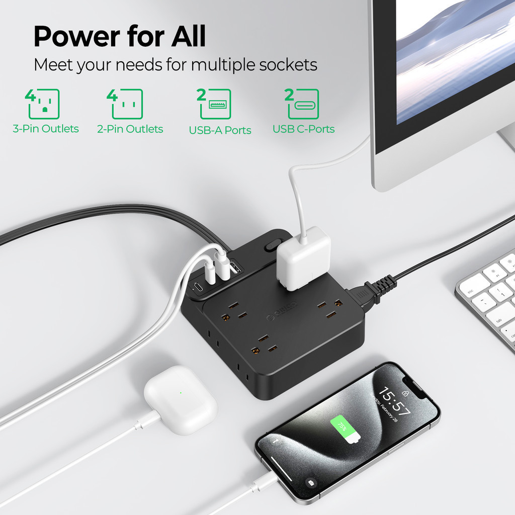 ORICO Extension Cord with 2 USB 2 Type C Ports 8 Gang Ultra Thin Flat ...