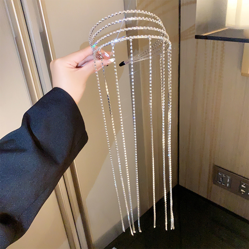 Silver Metal Flowing Diamond Hair Band Diamond Long Tassel Headband ...