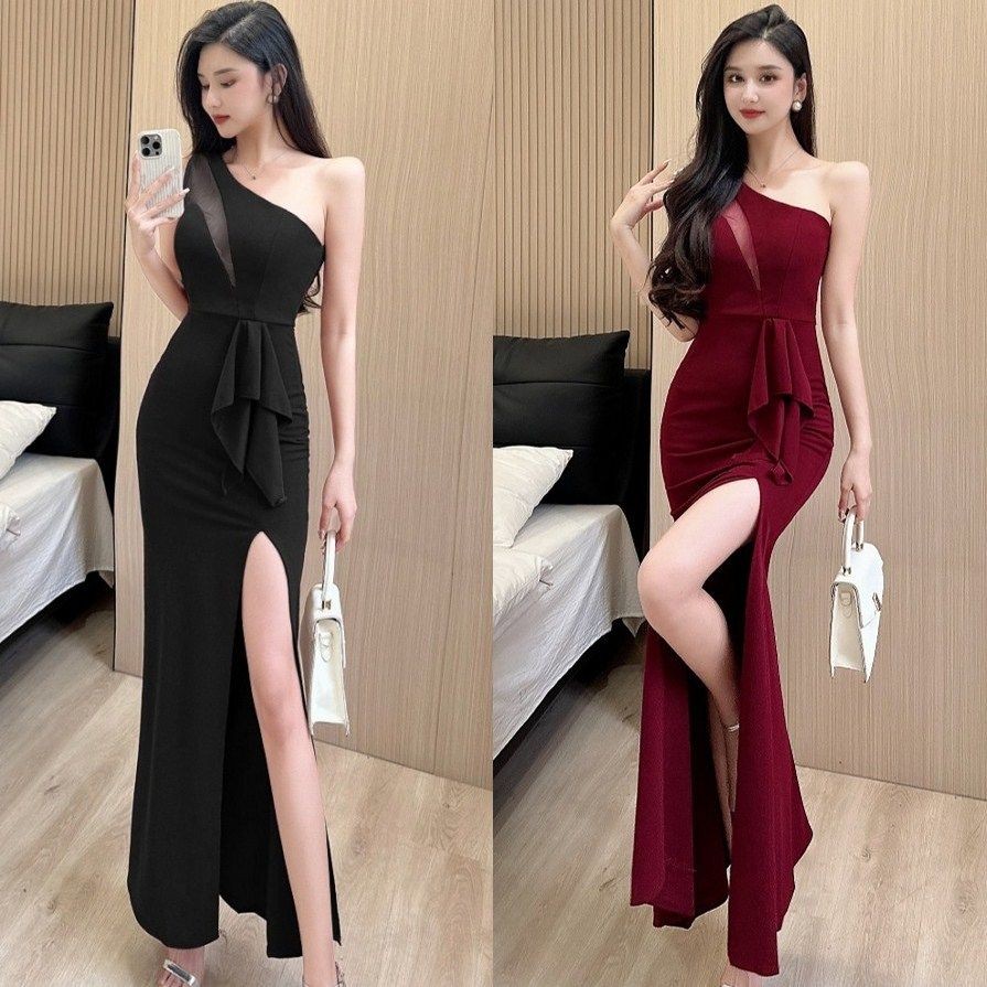 Korean Red Black Elegant Puff Sleeve Civil Wedding Prom Evening Split ...