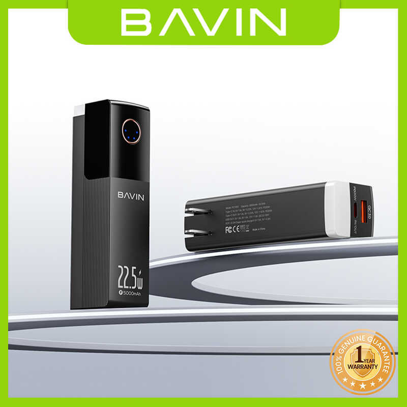 BAVIN PC1053 5000mAh Portable Fast Charging Powerbank w/ 20W USB-C Input Output 22.5W & AC Plug ...