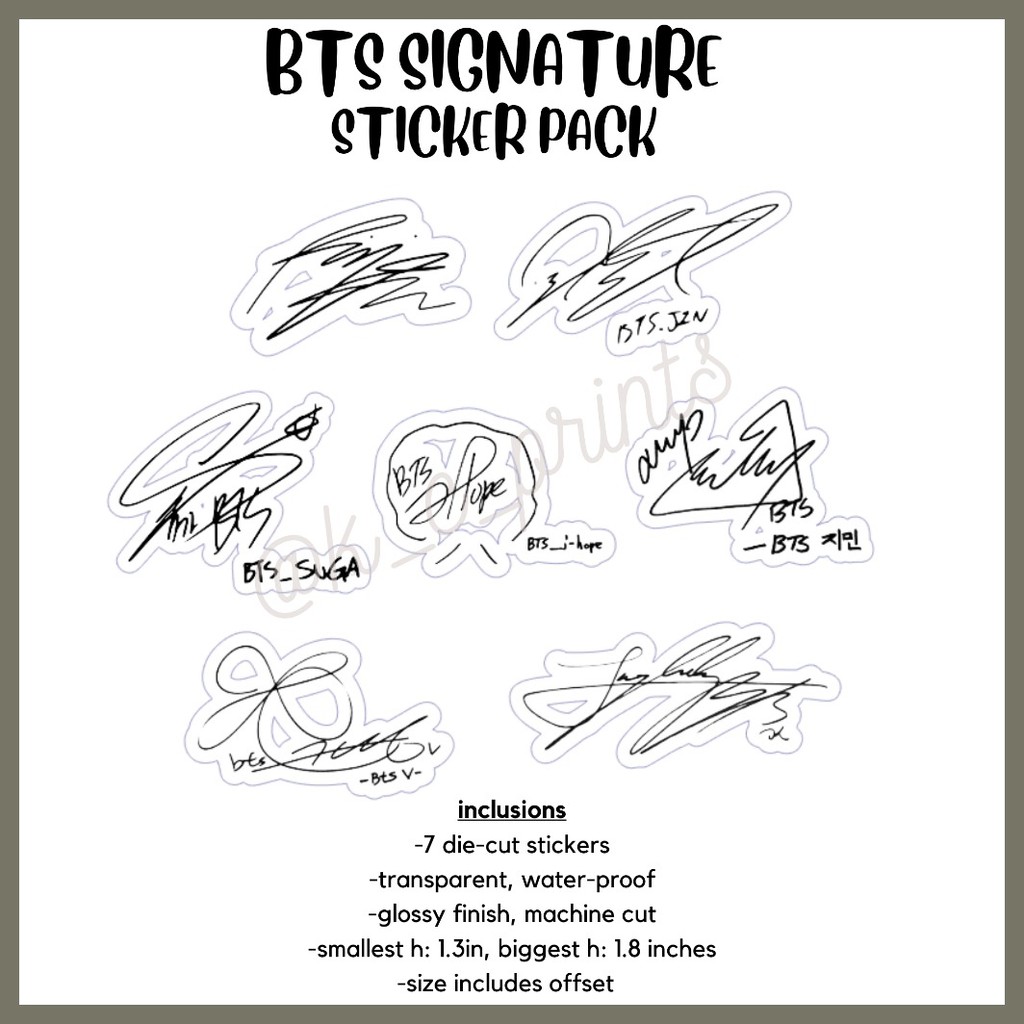 ⊕ ♀ ♙ BTS Signature Sticker Pack 7 pcs. Waterproof Transparent White RM Jin Suga Jhope Jimin V ...
