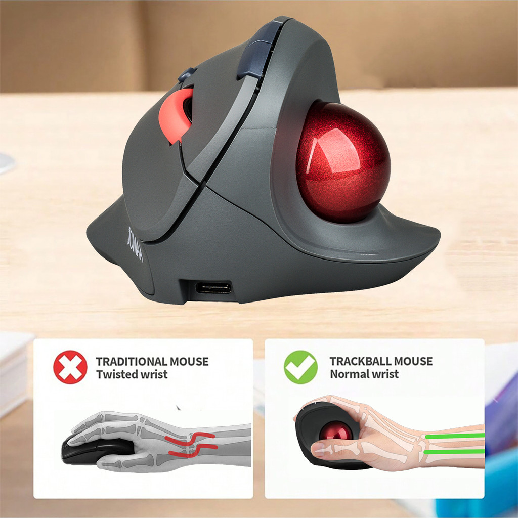 JOMAA Ergonomic Trackball Mouse Rechargeable Bluetooth +2.4G Wireless ...