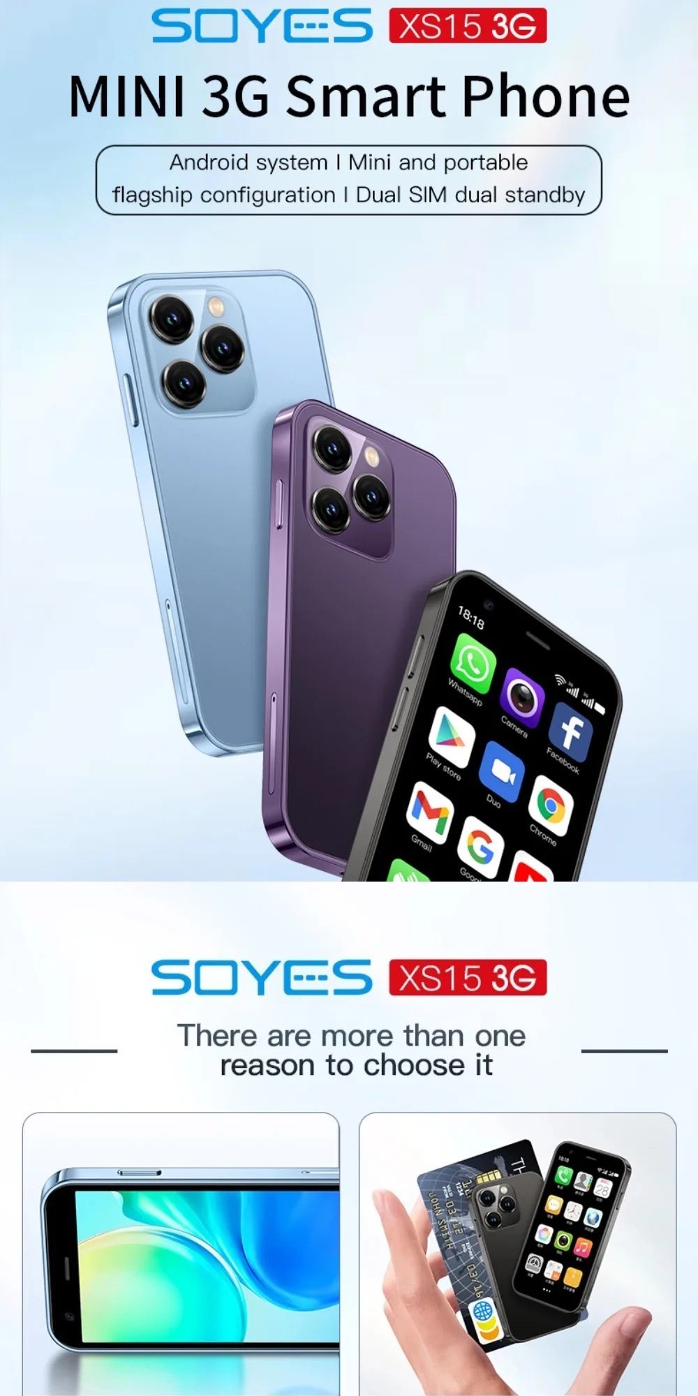 SOYES XS15 Ultra-thin 3.0Inch Small Phone 2GB+16GB Android 8.1 Dual SIM ...