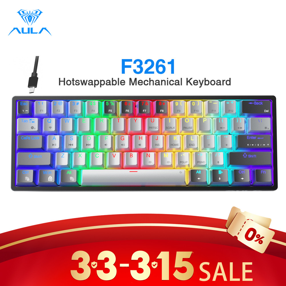 in stock AULA F3261 61 Keys Wired Mechanical Keyboard RGB Hot Swappable ...