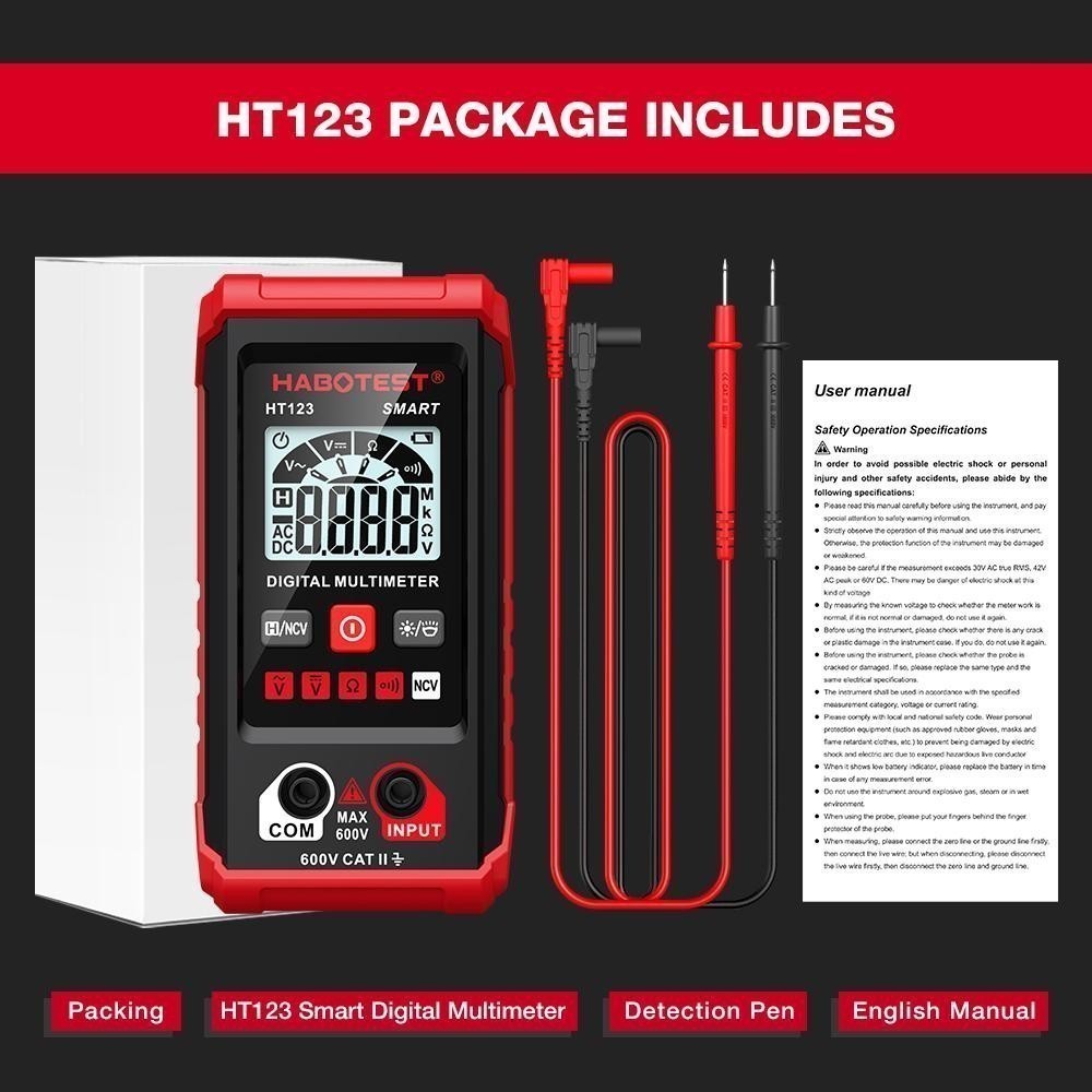 HT123 Digital Multimeter 600V AC/DC 4000 Counts High-Precision Smart ...