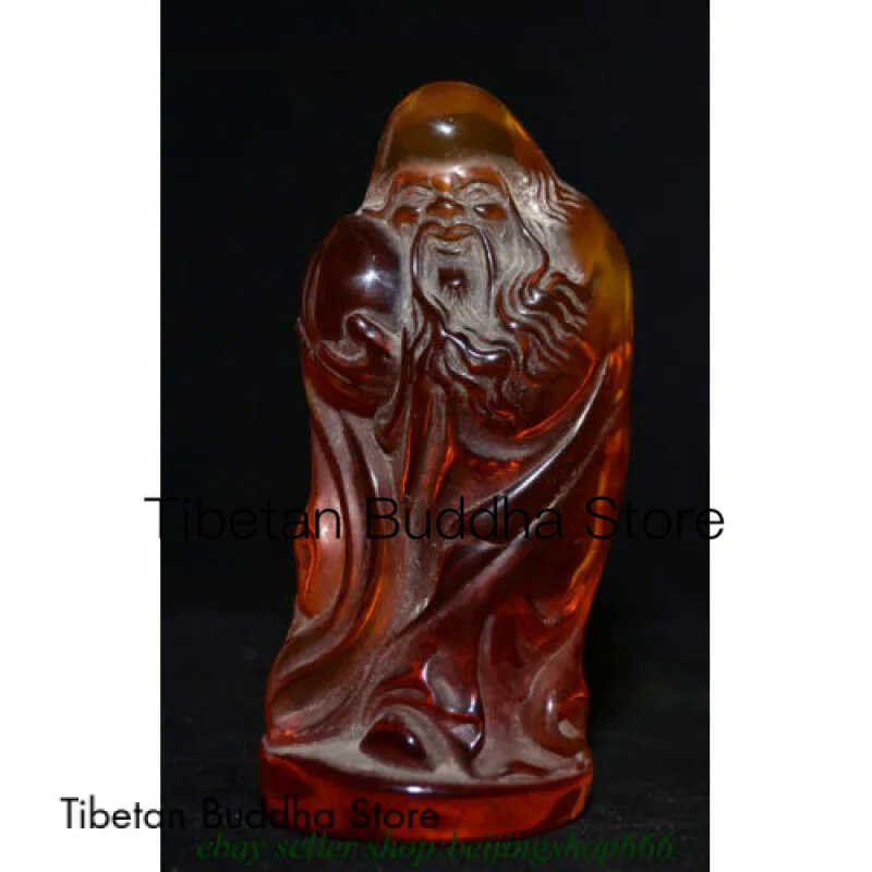 6" Old Chinese Amber Carved God Of Longevity Peach Statue Sculpture ...