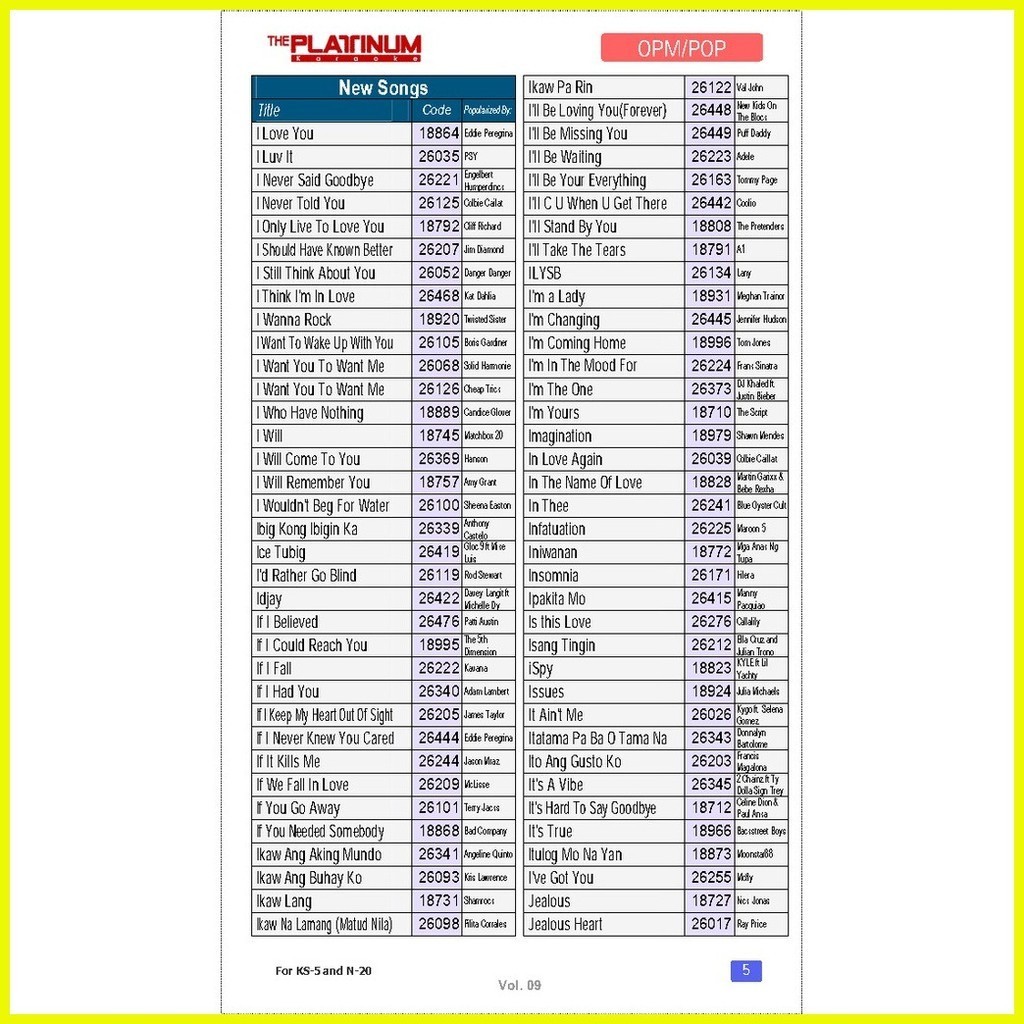 Volume 9 to 23 Song Lists of Platinum KS-5 and KS-10 (103 Pages) | Shopee Philippines