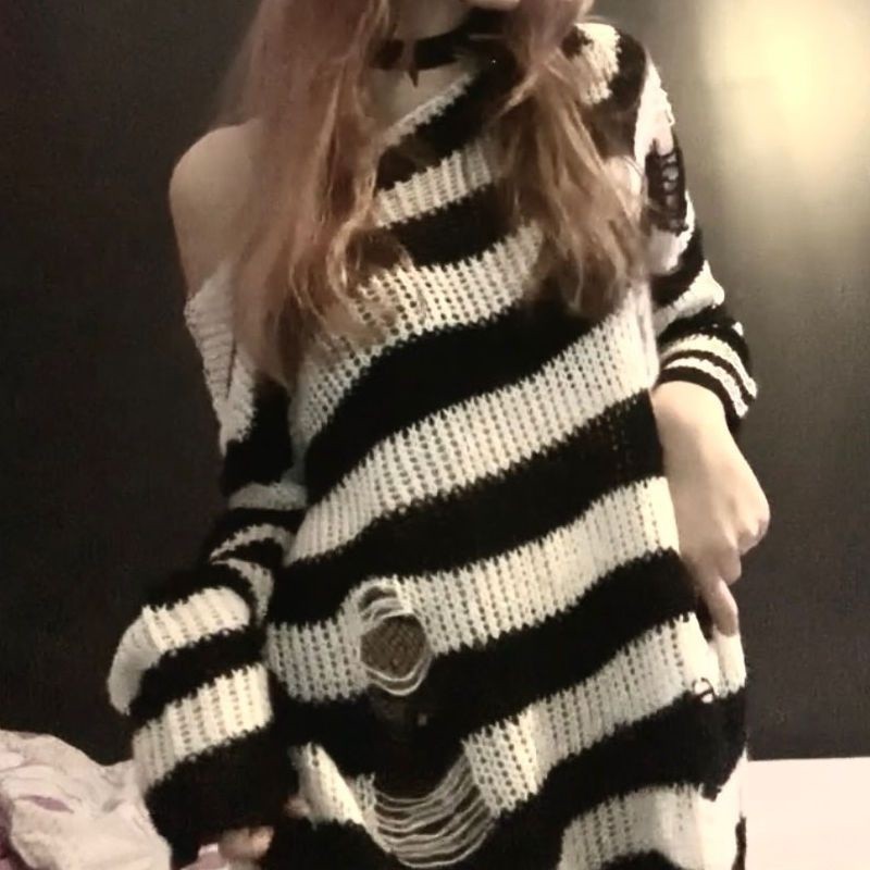 Karrram Pink Striped Gothic Sweaters Women Ripped Holes Loose Knitted ...