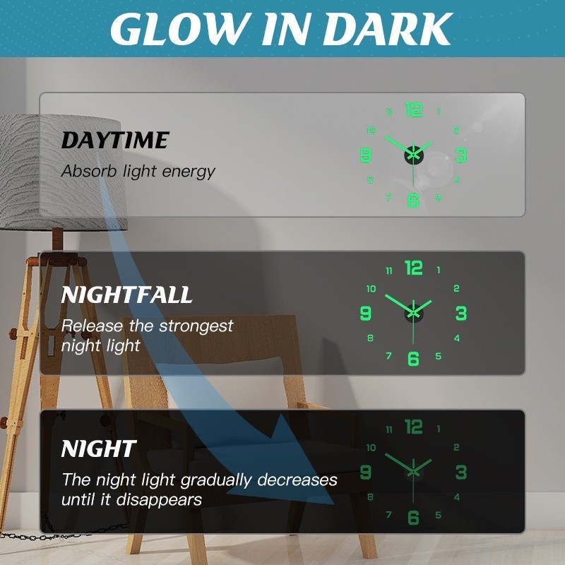 3D Luminous Wall Clock Glow in the Dark DIY clock Home Living Decor ...