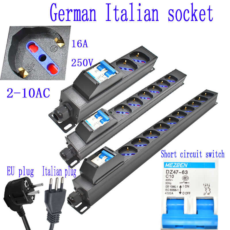 PDU Aluminum Alloy Board 2-10 Units 16A 3500W Short Circuit Switch Aleman Socket Italiano 2M ...