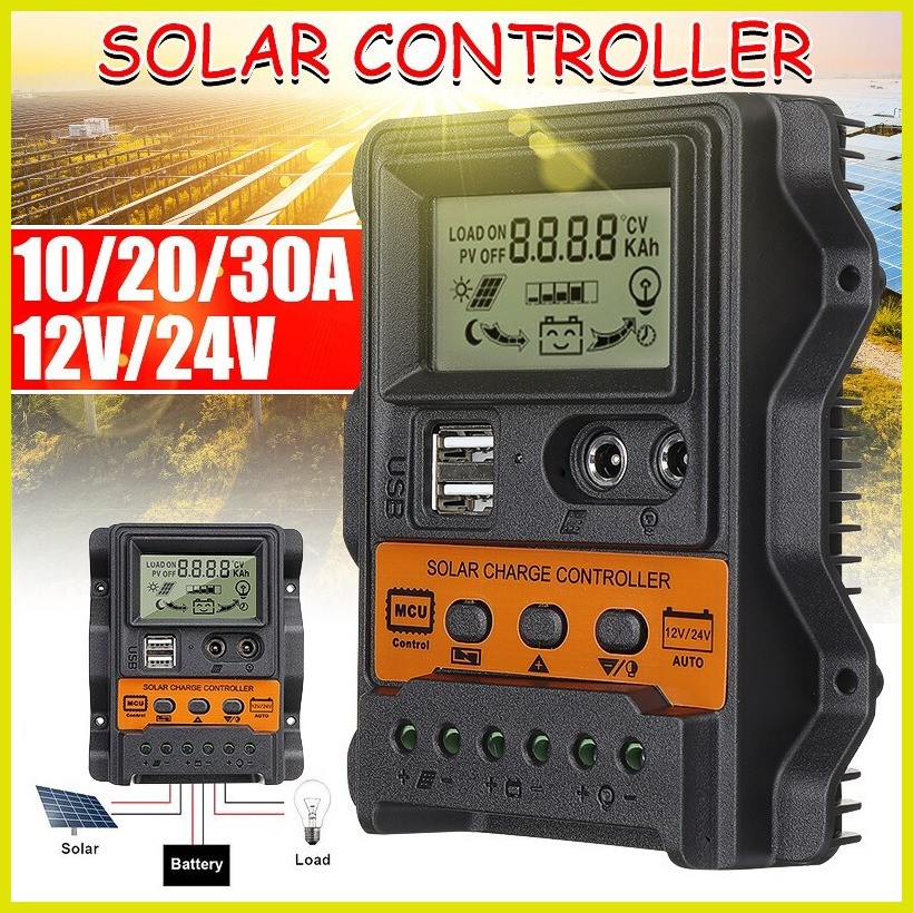 ♀ PowMr 10A 20A 30A Solar Charge Controller Dual USB 5V Output 12V 24V Auto PWM Solar Panel Cha ...
