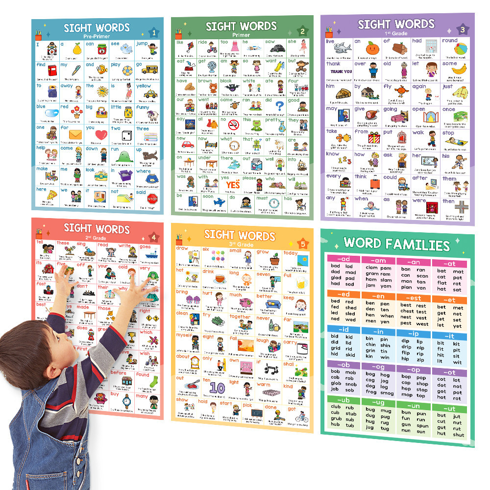 6 pcs Educational Posters Sight Words and Word Families A3 Posters ...