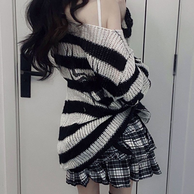 Karrcat Punk Gothic Long Sweater Women Dark Aesthetic Striped Pullovers ...