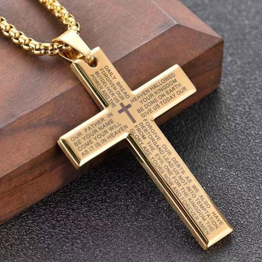 4D Christian Bible Cross Chain Stainless Steel Big Pendant Necklace Men ...