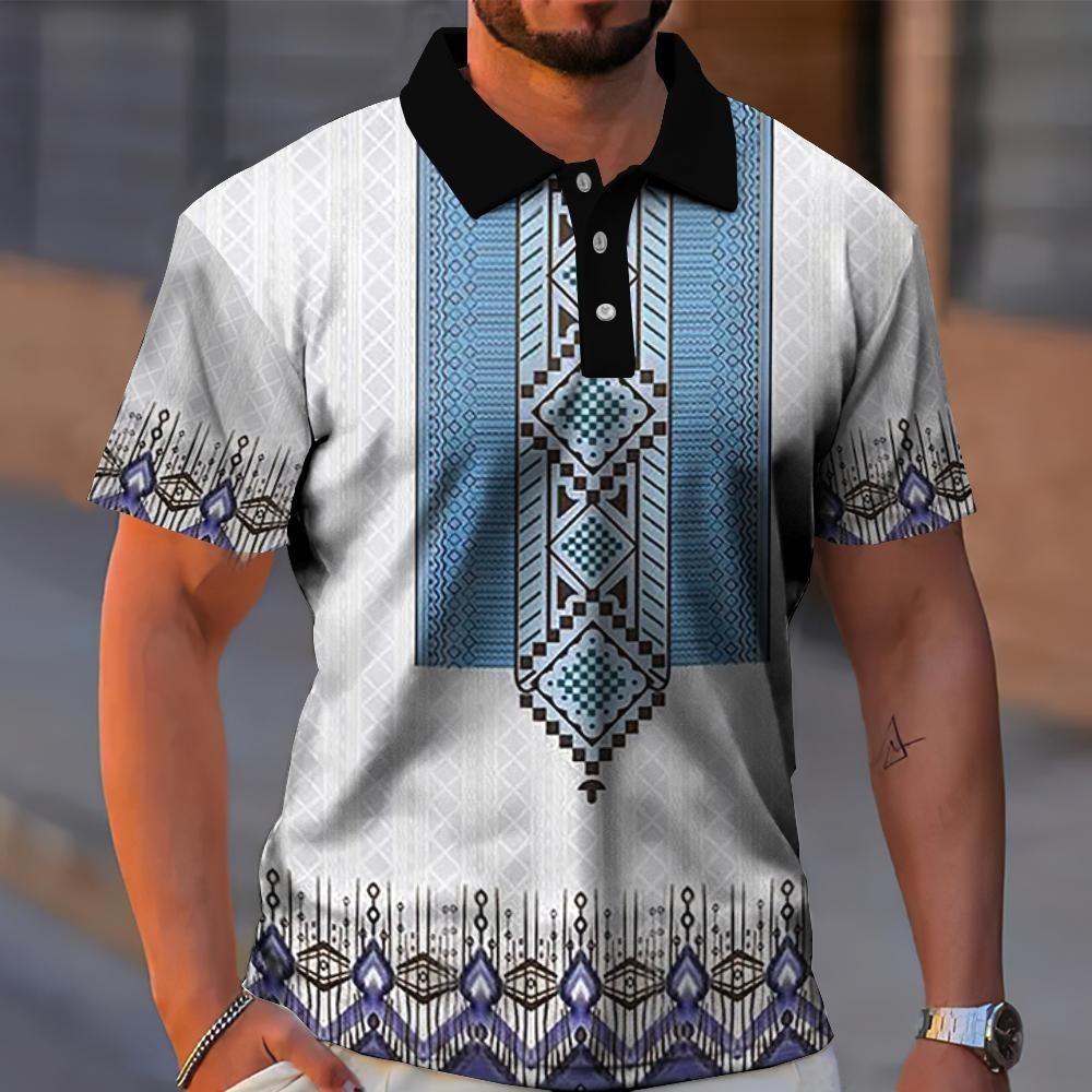 Bohemian Style Retro Printed Men's Polo Short-Sleeved Ethnic Pattern ...