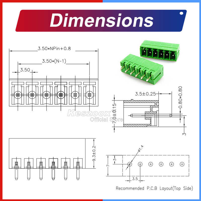 Keszoox 2edgv3.5mm Green Phoenix Connector Terminal 2/3/4/5/6/7/8/9/10 ...