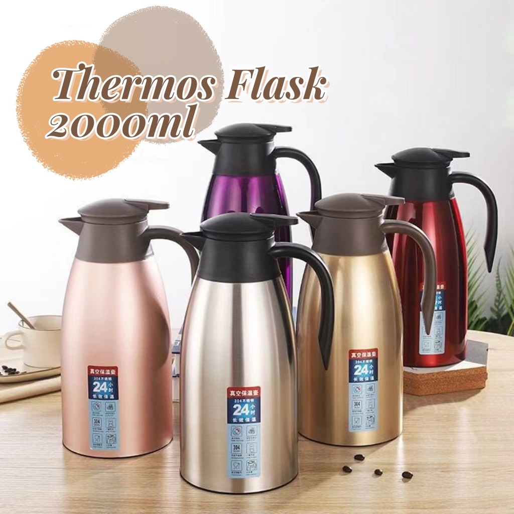 (2L) Thermos Flask Jug With Press Button Stainless Steel 304 Vacuum Insulated Double Layer ...