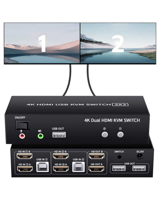 Display USB 2X2 Monitors Displayport In Out Splitter Box Dual Port HDMI ...