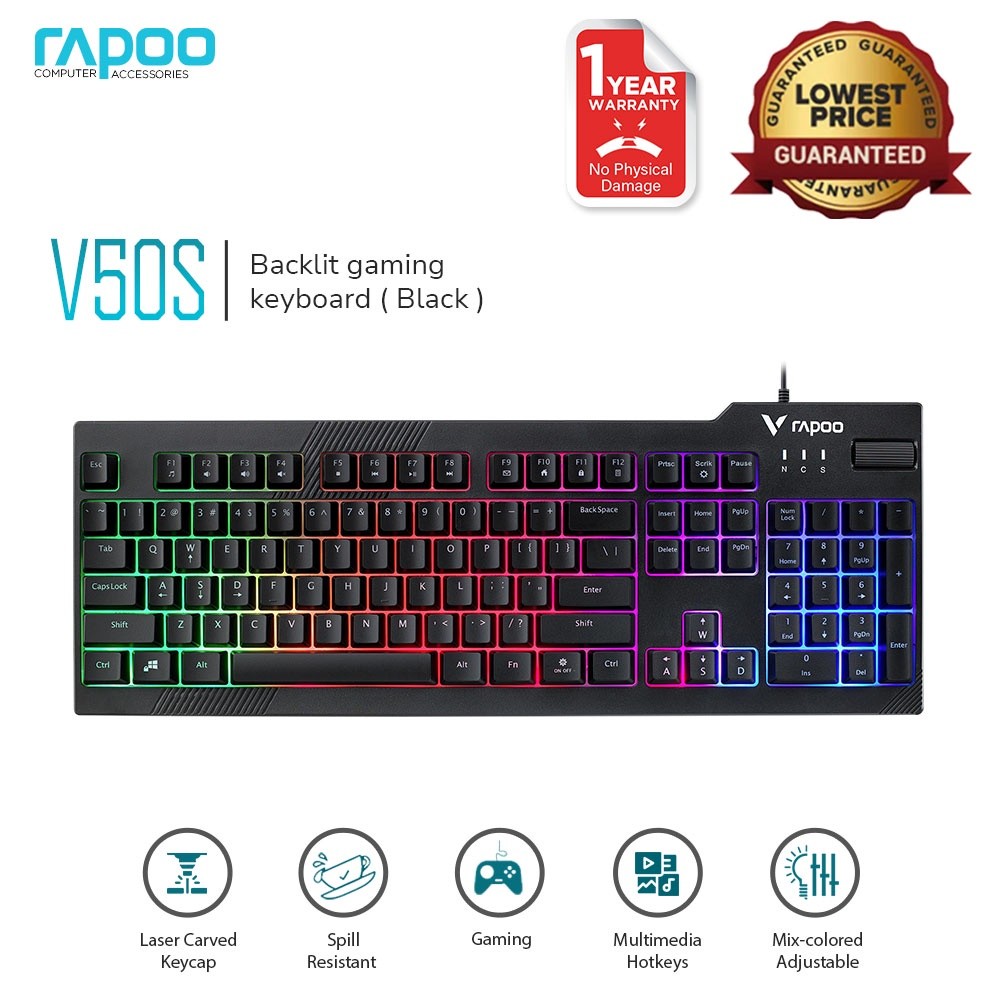 Rapoo V50S Backlit Gaming Keyboard USB Wired 104 Key Keyboard for laptop Ergonomic keyboard ...