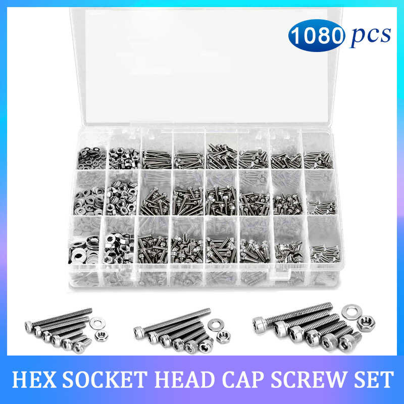 1080PCS M2 M3 M4 Hex Socket Cap Set Stainless Steel Flat Round Head ...