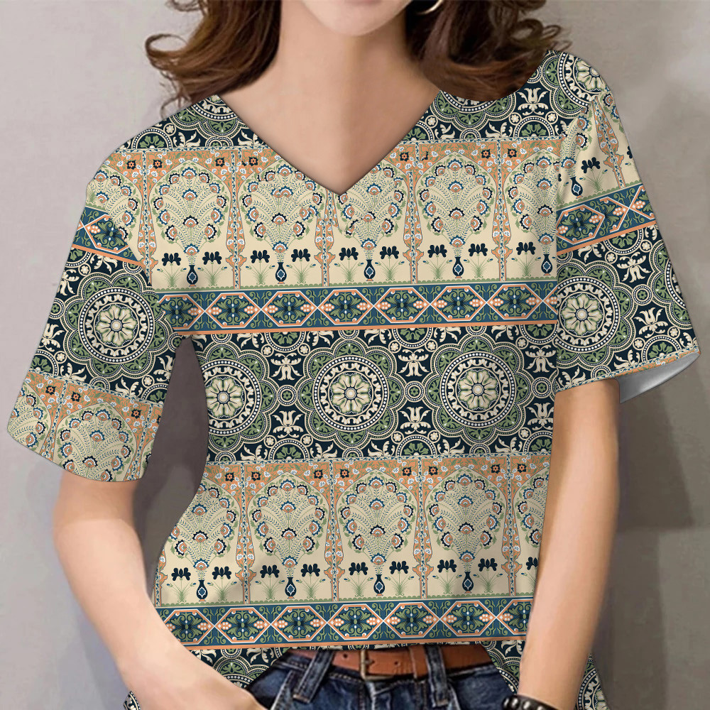 Retro Ethnic Style Women's T-Shirt Fully Printed V-Neck Top Summer ...