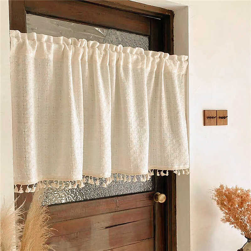 Japanese Lattice Fringed Short Cream Translucent Cafe Curtain For ...