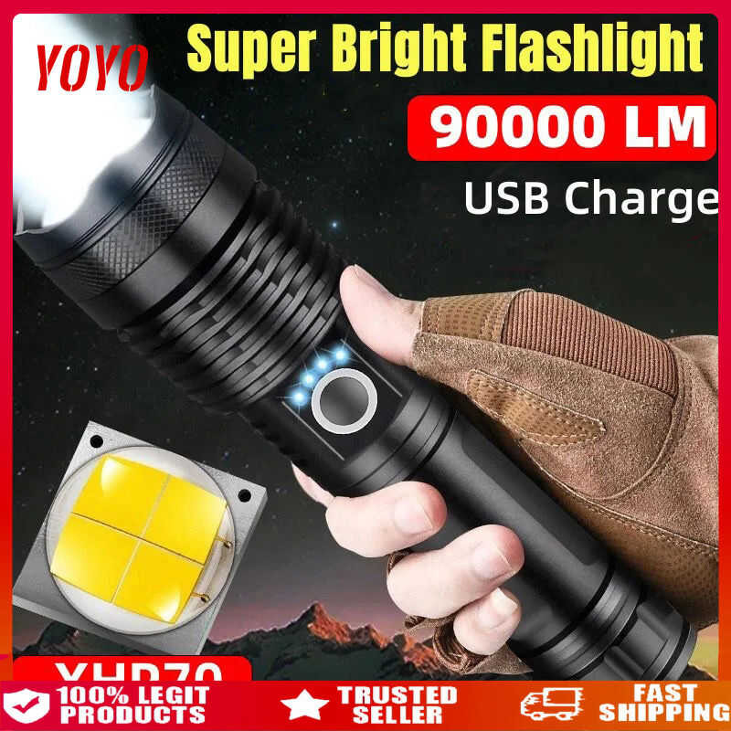90000 Lumens Led Flashlights USB Rechargeable Brightest Flashlight ...
