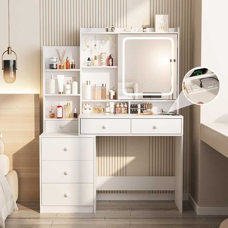 Vabches Vanity Desk With Mirror And Lights,Makeup 6 Drawers Shees ...