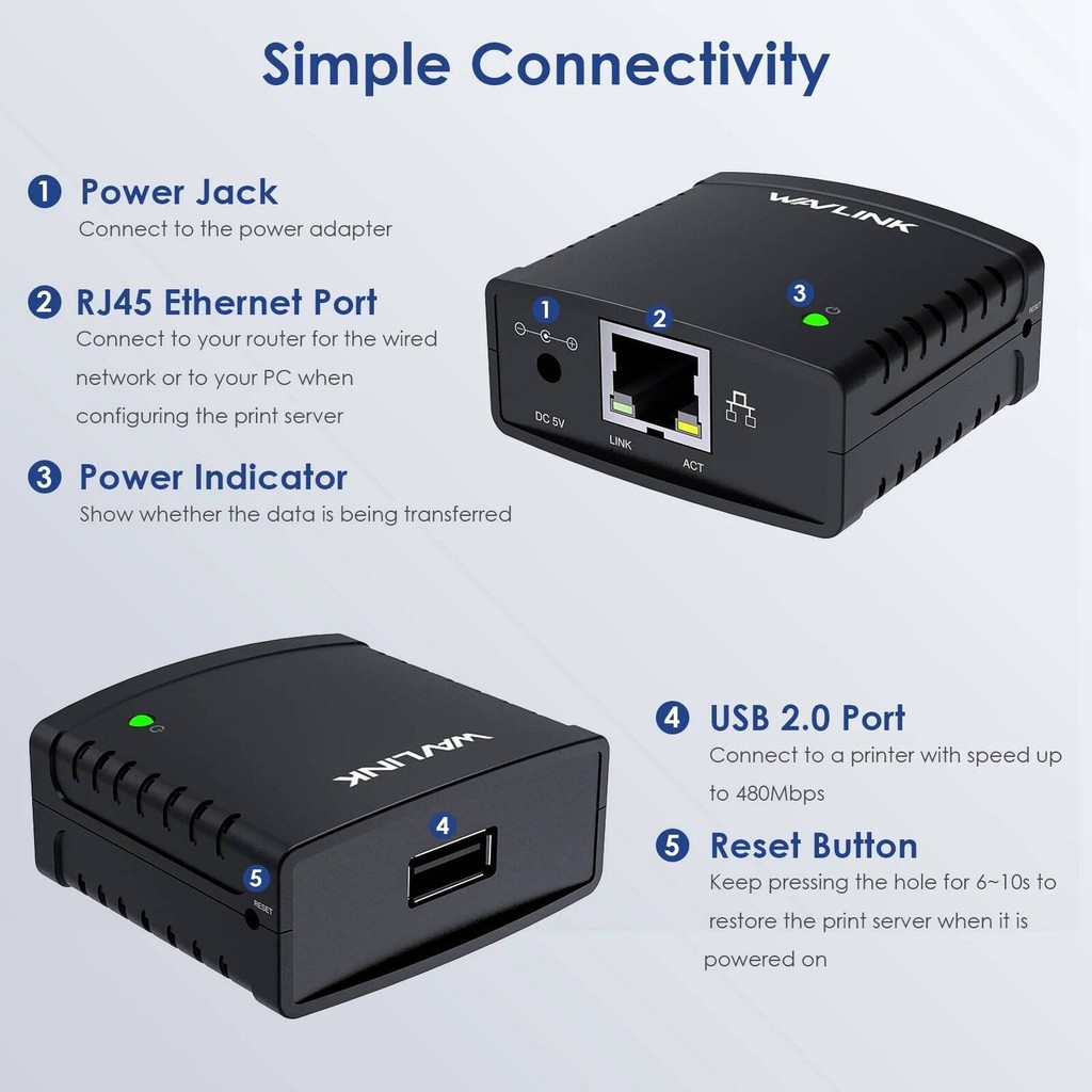 2.0 Wavlink LRP Share a LAN Ethernet Networking Printers Power Adapter USB HUB 100Mbps Network ...