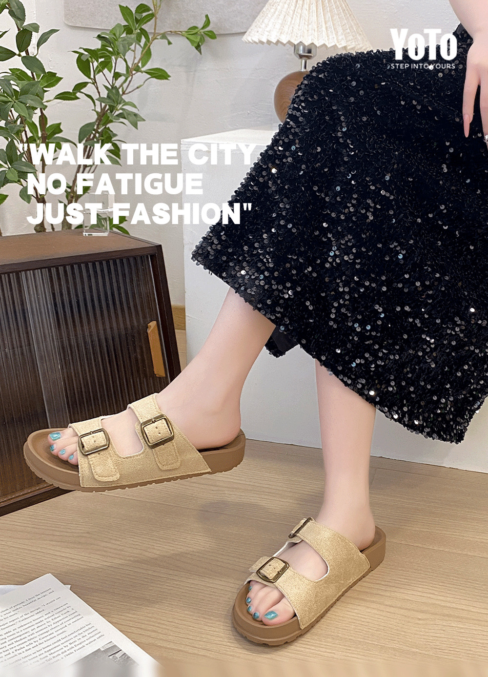 YOTO Casual Flat Sandals For Women Simple Peep Toe Double Strap Adjustable Buckle Comfy Slippers ...